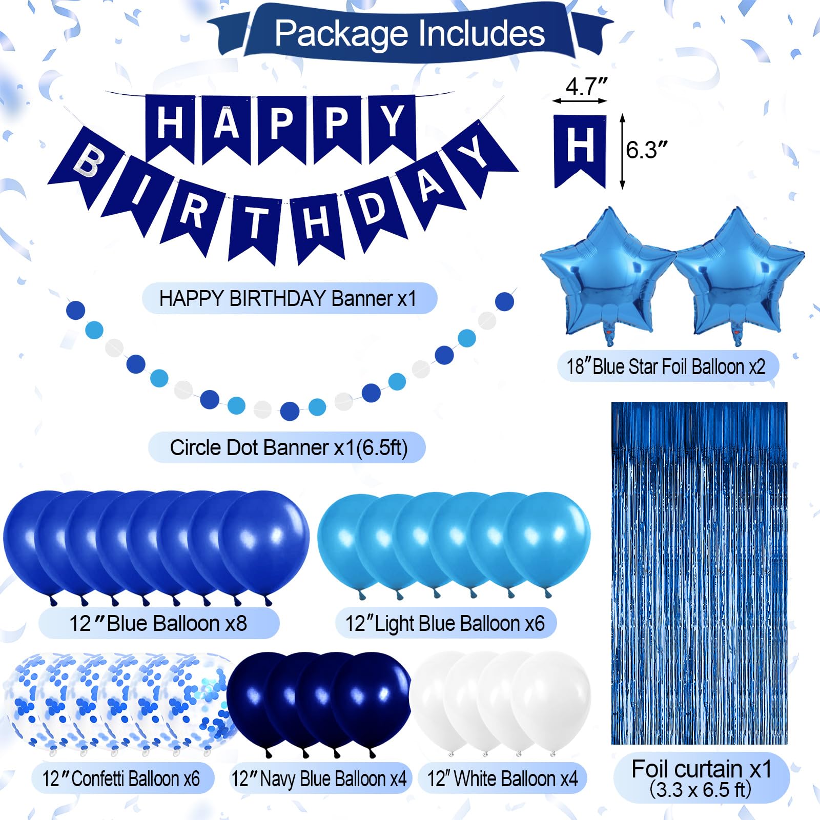 Iysoll Blue Birthday Party Decorations for Boys Men Happy Birthday Banner Balloons Navy Royal Light Blue Pom Poms Foil Curtain Décor Blue Party Decorations for Baby Boy Birthday