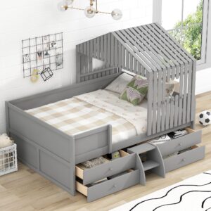 harper & bright designs full size house bed for kids, full size platform bed with storage drawers and roof, hardwood low loft bed frame for girls boys (gray)