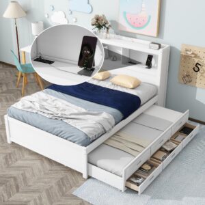 Harper & Bright Designs Full Size Platform Bed with Trundle, Drawers and Bookcase Headboard with USB Plugs, Hardwood Full Size Bed Frame, No Box Spring Needed - White