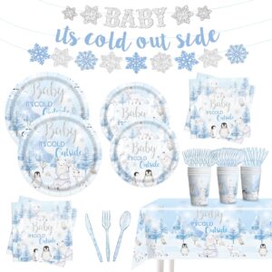 170pcs winter woodland baby shower decorations arctic animals plates napkins baby it's cold outside snowflake penguin arctic fox tableware set banner tablecloth for 24 guests