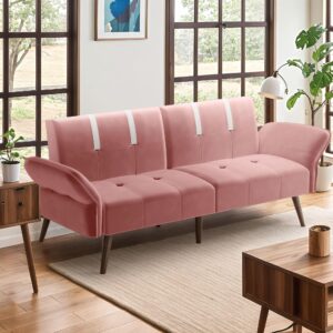 shintenchi futon sofa bed modern folding sleeper couch bed for living room,velvet loveseat sofa couch sofa cama for apartments office small spaces,w/adjustable armrests backrest,pink