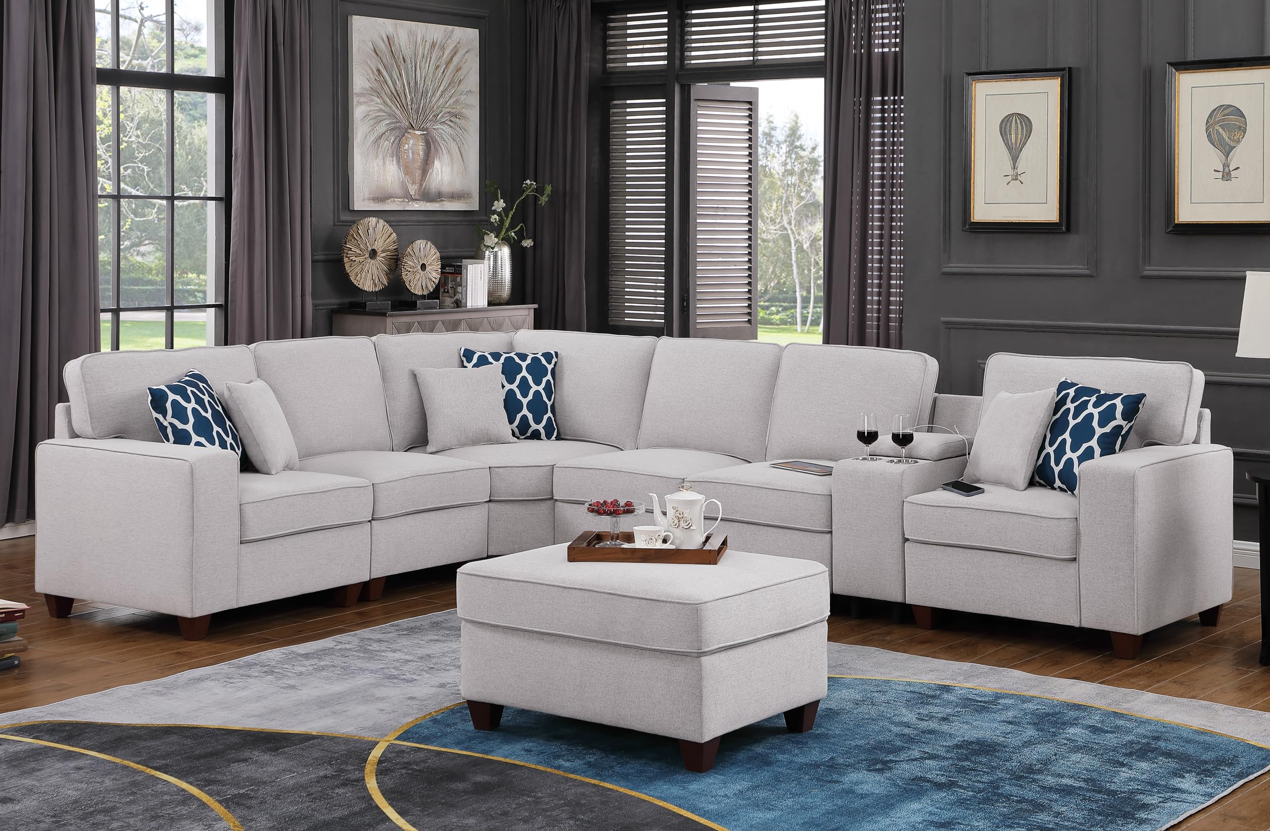 YOPTO Linen Upholstered Sectional Sofa with Removable Ottoman,U-Shape 6 Seat SectionalCouch W/Cupholder Console Part and USB Port for Living Room,Apartment, Spacious Space,Light Gray