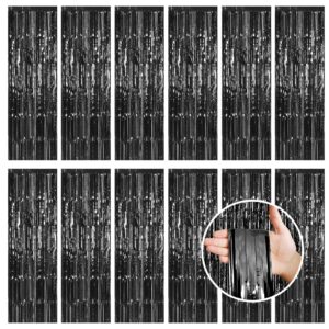 black fringe curtain party streamers, 12 pack 3.3ft x 8.2ft foil curtain backdrop tinsel foil fringe curtains photo booth backdrop streamer for birthday, wedding, baby shower, disco party