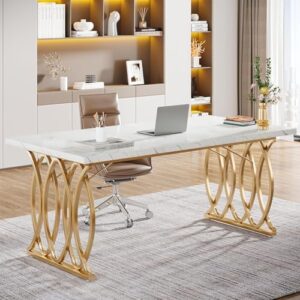 tribesigns executive desk, 63" w large computer desk, modern office desk conference table meeting room table, business furniture for home office, white and gold