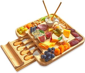 royalhouse unique bamboo cheese board and knife set with slide-out cutlery drawer - charcuterie boards set & cheese platter - anniversary, wedding and housewarming gift