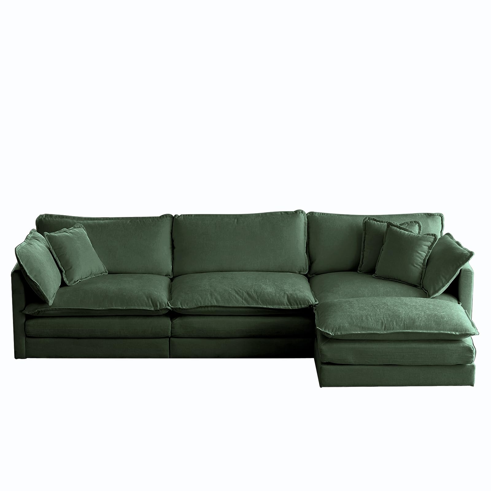 KIVENJAJA Chenille L-Shaped Modular Sectional Sofa, Modern 3-Seater Comfy Deep Seat Cloud Couch with Ottoman/Chaise & 5 Pillows for Living Room Office Apartment, 111.5”W, Green