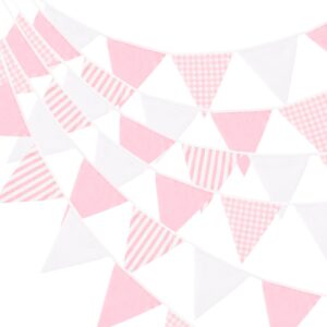 gcqq 40ft pink white party decoration, 42pcs large striped and checkered fabric banner garland, triangle banner flags for valentine's pink party, wedding, bridal baby shower, home nursery decoration