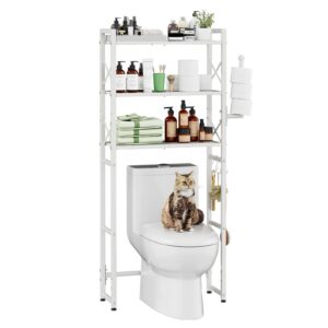 simple trending over the toilet storage rack with toilet paper holder, heavy duty metal 3 tier bathroom organizer shelf with 3 hooks, white