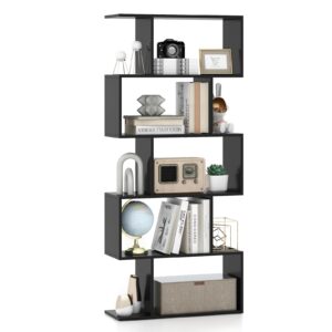 giantex 5-tier geometric bookshelf black, 62.5" tall wood s-shaped bookcase with anti-tipping device, floor standing display shelf for bedroom, living room, study