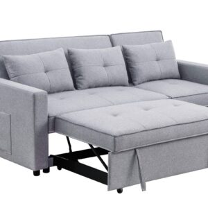 Favfurish 80'' L-Shape Convertible Sleeper Sectional Sofa with Pull-Out Recliner and Bed, Side Pocket, Linen Corner 3 Person Couch for Home Furniture, Living Room, Apartment, Dorm, Light Grey