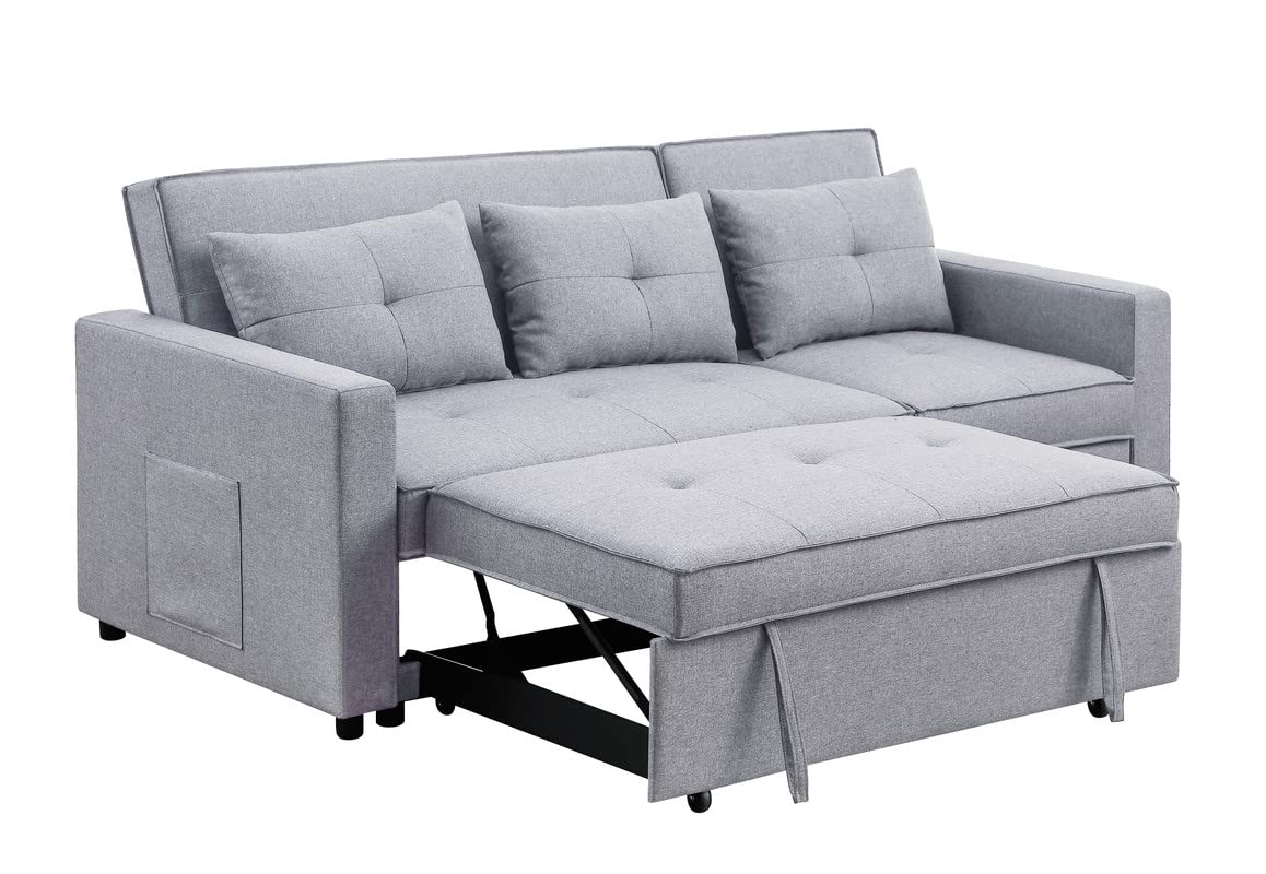 Favfurish 80'' L-Shape Convertible Sleeper Sectional Sofa with Pull-Out Recliner and Bed, Side Pocket, Linen Corner 3 Person Couch for Home Furniture, Living Room, Apartment, Dorm, Light Grey