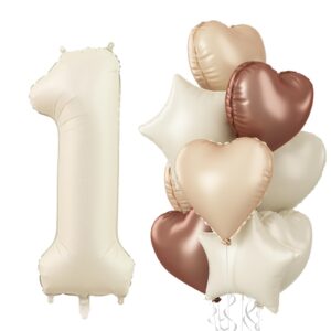 40 inch cream 1 balloon decor, beige tan brown heart balloons, foil neutral nude sand white helium star number 1 balloons for girls 1st birthday anniversary baby shower party boho decoration supplies