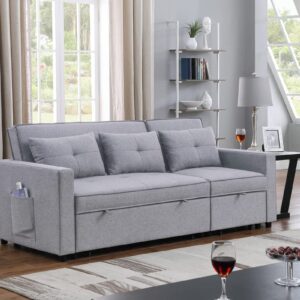 Favfurish 80'' L-Shape Convertible Sleeper Sectional Sofa with Pull-Out Recliner and Bed, Side Pocket, Linen Corner 3 Person Couch for Home Furniture, Living Room, Apartment, Dorm, Light Grey