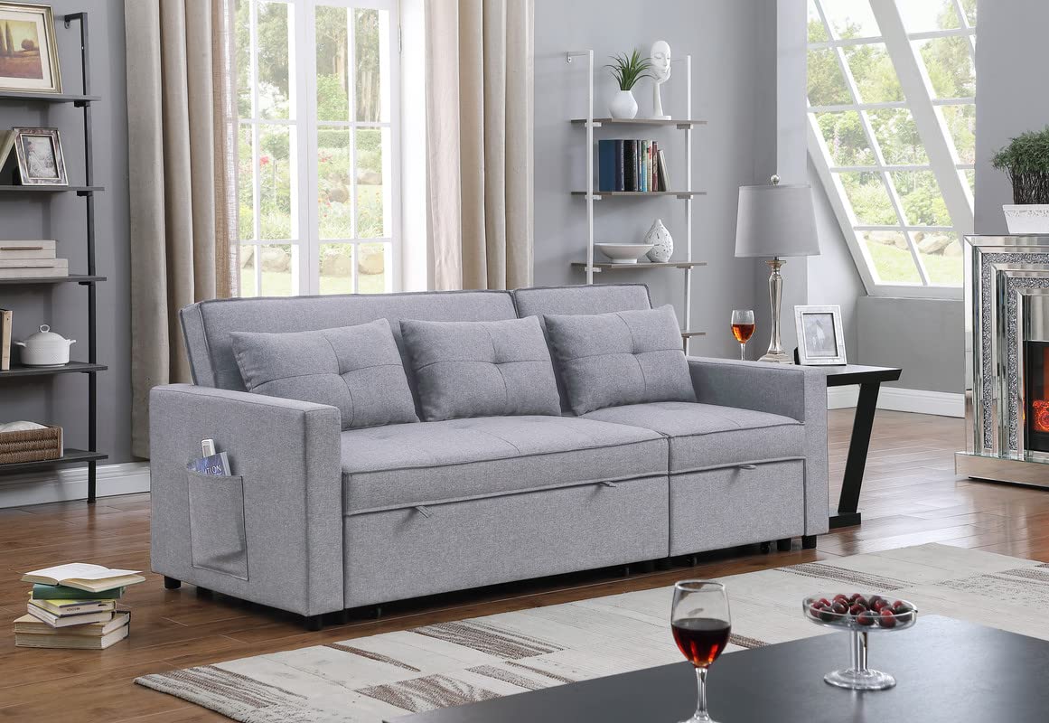 Favfurish 80'' L-Shape Convertible Sleeper Sectional Sofa with Pull-Out Recliner and Bed, Side Pocket, Linen Corner 3 Person Couch for Home Furniture, Living Room, Apartment, Dorm, Light Grey