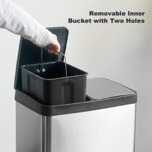 JM ·YIPENG Dual Trash Can, 40 Liter / 10.6 Gallon Dual Compartment Recycling Can, Kitchen Trash and Recycle Bin Combo with Soft Close Lid, Inner Buckets, Brushed Stainless Steel