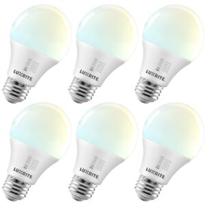 luxrite a19 led light bulb 60 watt equivalent, cri90, 5cct 2700k 3000k 3500k 4000k 5000k, dimmable, 800lm, standard led light bulbs 9w, e26 base, etl - perfect for lamps and home lighting (6 pack)