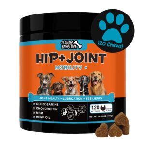 chews pawsitive hip and joint supplement for dogs- mobility, hip and joint chews for dogs with glucosamine, chondroitin, msm, tumeric, hemp oil- soft chews joint support supplement for dogs- 120ct