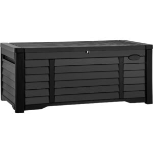 dwvo outdoor louver storage deck box w/120 gallon capacity, large storage box for outdoor pillows, garden tools and pool supplies, resin, waterproof, lockable (black)