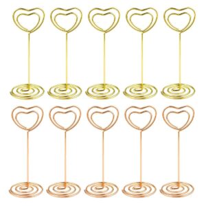 10 pcs table number holders heart shaped table number stand place card holder mini wire table card holder picture photo holders clips for centerpieces wedding party memo menu stands (gold + rose gold)