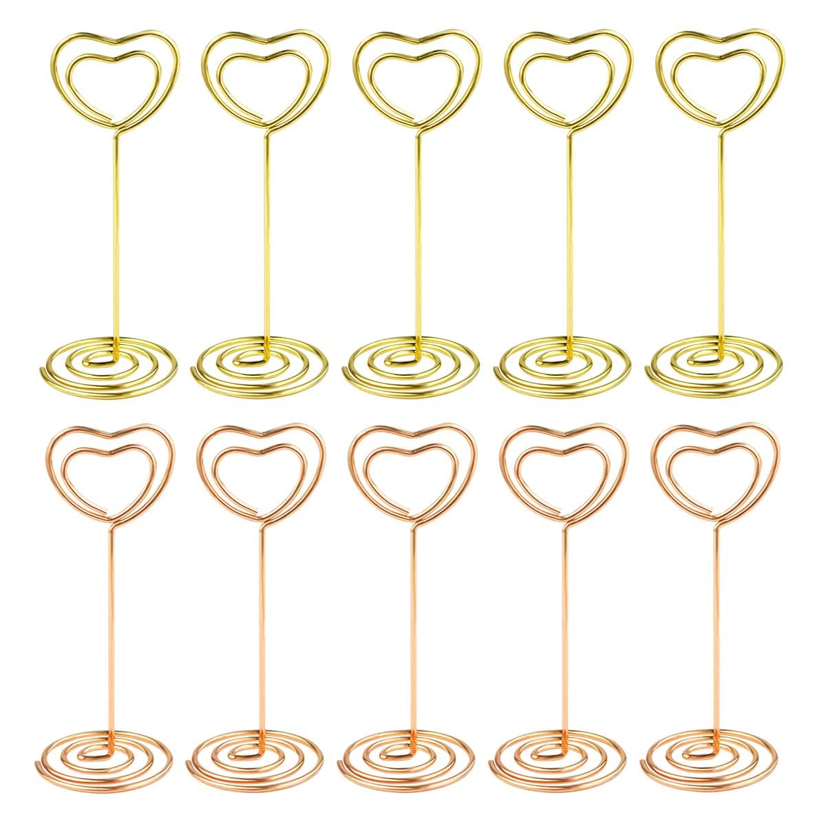 10 Pcs Table Number Holders Heart Shaped Table Number Stand Place Card Holder Mini Wire Table Card Holder Picture Photo Holders Clips for Centerpieces Wedding Party Memo Menu Stands (Gold + Rose Gold)