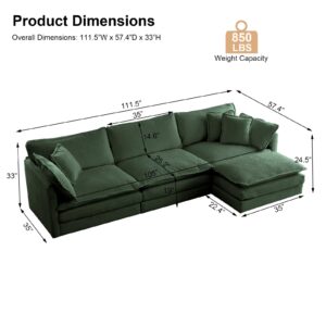 KIVENJAJA Chenille L-Shaped Modular Sectional Sofa, Modern 3-Seater Comfy Deep Seat Cloud Couch with Ottoman/Chaise & 5 Pillows for Living Room Office Apartment, 111.5”W, Green