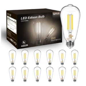 daybetter 12 pack vintage led edison bulbs, e26 led bulb 60w equivalent, dimmable led light bulbs, high brightness 800 lm neutral white 4000k, st58 antique filament bulbs, clear glass style for home