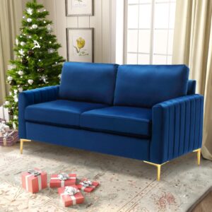 65'' blue couch for small space, modern comfy upholstered 2-seater tufted velvet love seat sofa couches for livingroom bedroom apartment furniture, soft foam pocket spring hybrid cushioned, gold leg