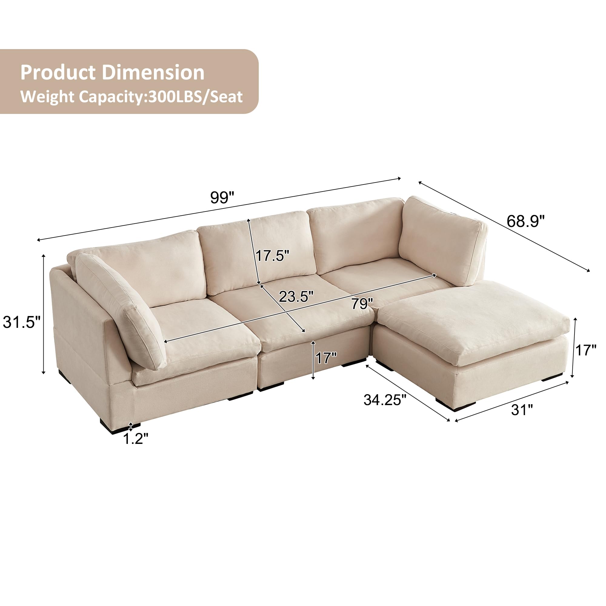 Tmsan Convertible L Shape Cloud Couch Filled with Feather Down, 99" Comfy Modular Sectional Sofa with Movable Ottoman for Living Room, Apartment, Beige