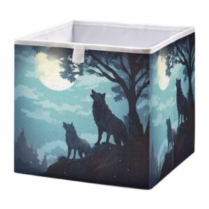 sdmka wolves under the moon cube storage bin foldable storage cubes fabric storage baskets for shelf closet home organizers, 11 inch