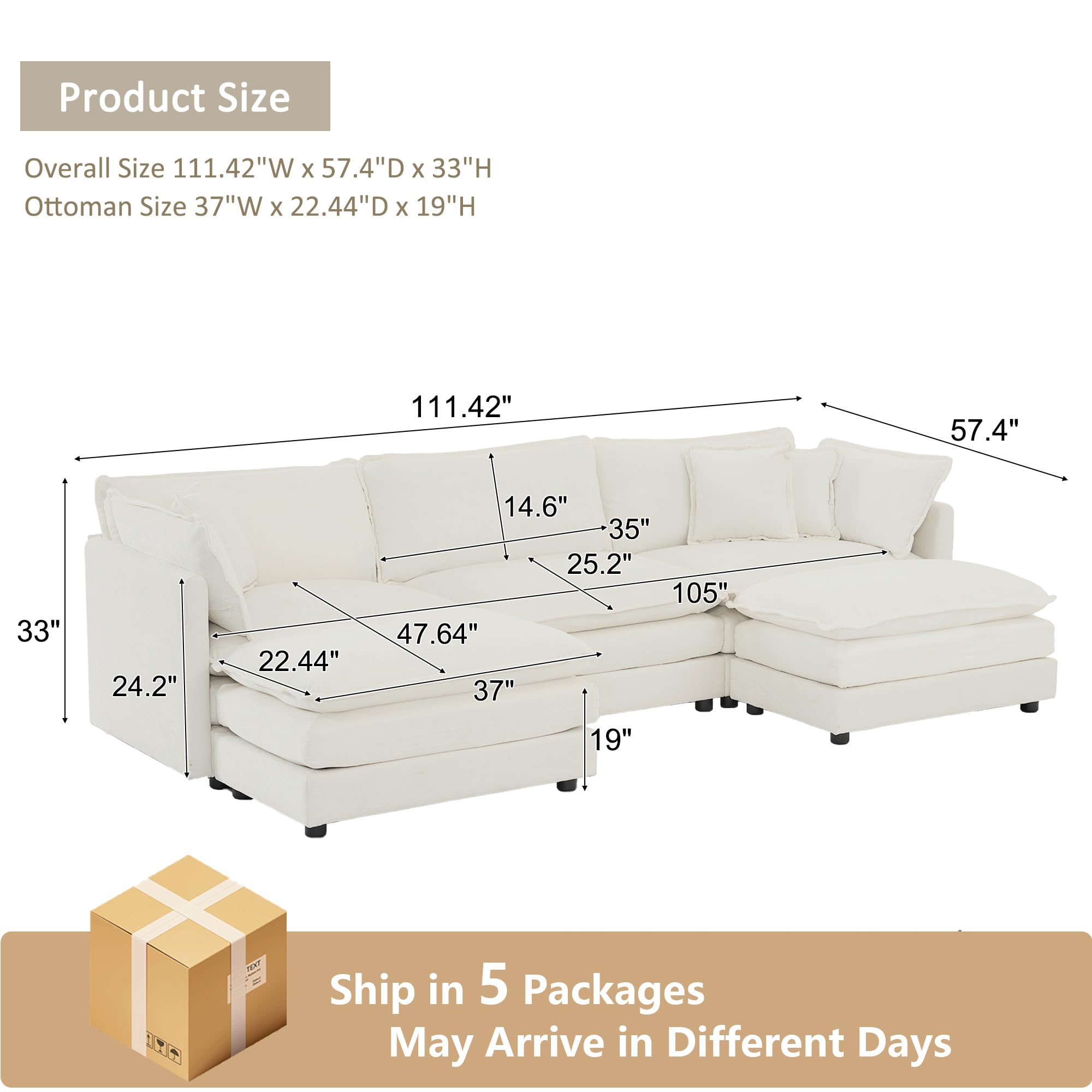 Tmsan 111.42" Modular Sectional Sofa, Convertible Modern U Shaped Sofa Chenille Cloud Couches Set with Ottoman for Living Room Bedroom Apartment Office, 3 Seater