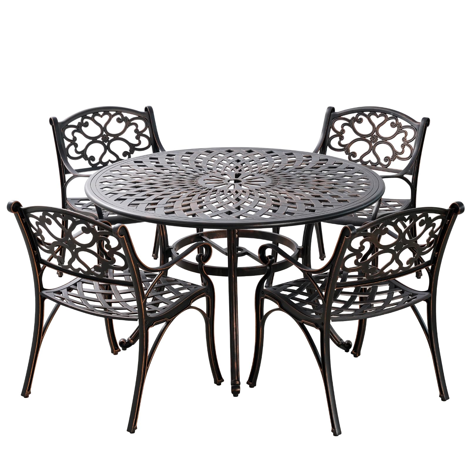 PATIO-IN 5 Piece Patio Dining Set Cast Aluminum Outdoor Table and Chairs Set for 4, with 1 Round Patio Table, 4 Patio Chairs, Outdoor Dining Set with Umbrella Hole for Patio Garden, Bronze