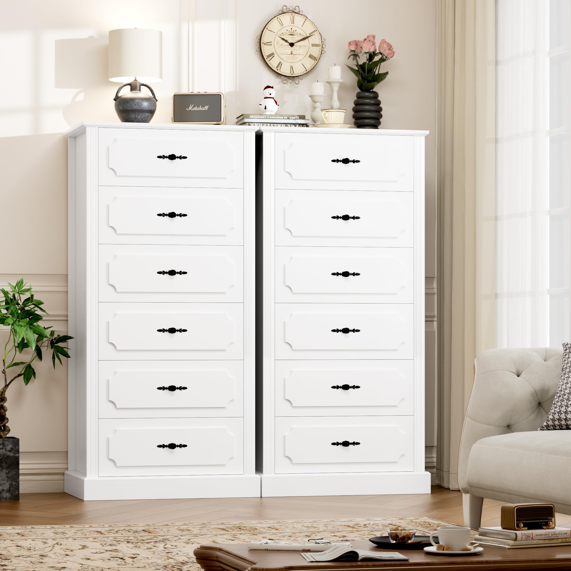 FINETONES 6 Drawer White Dresser, 51" Tall White Dresser Chest of Drawers, Tall Dresser White 6 Drawer Dresser with Large Storage Space, Modern Storage Chest of Drawers, Super Stable Base