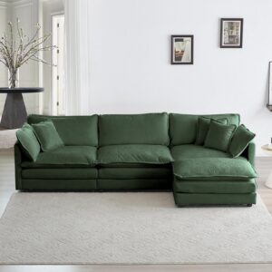 KIVENJAJA Chenille L-Shaped Modular Sectional Sofa, Modern 3-Seater Comfy Deep Seat Cloud Couch with Ottoman/Chaise & 5 Pillows for Living Room Office Apartment, 111.5”W, Green