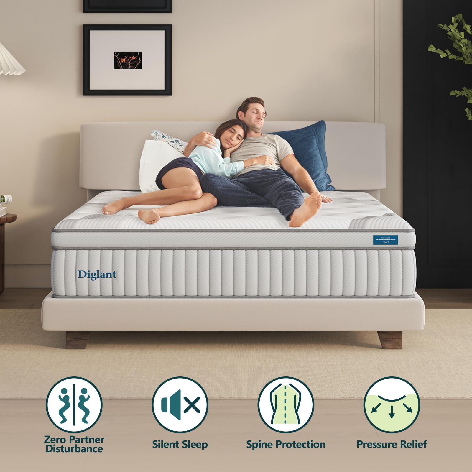 Queen Mattresses, DIGLANT 14 Inch Plush Hybrid Mattress, Queen Size Memory Foam Mattresses with Individually Pocketed Coils Innerspring, Motion Isolation & Back Pain Relief, Queen Mattress in Box