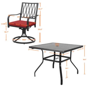 NUU GARDEN 5 Piece Outdoor Dining Set, Outdoor Furniture Set for Square Iron Umbrella Dining Table and 4 Cushioned Swivel Chairs, Black and Red Cushion