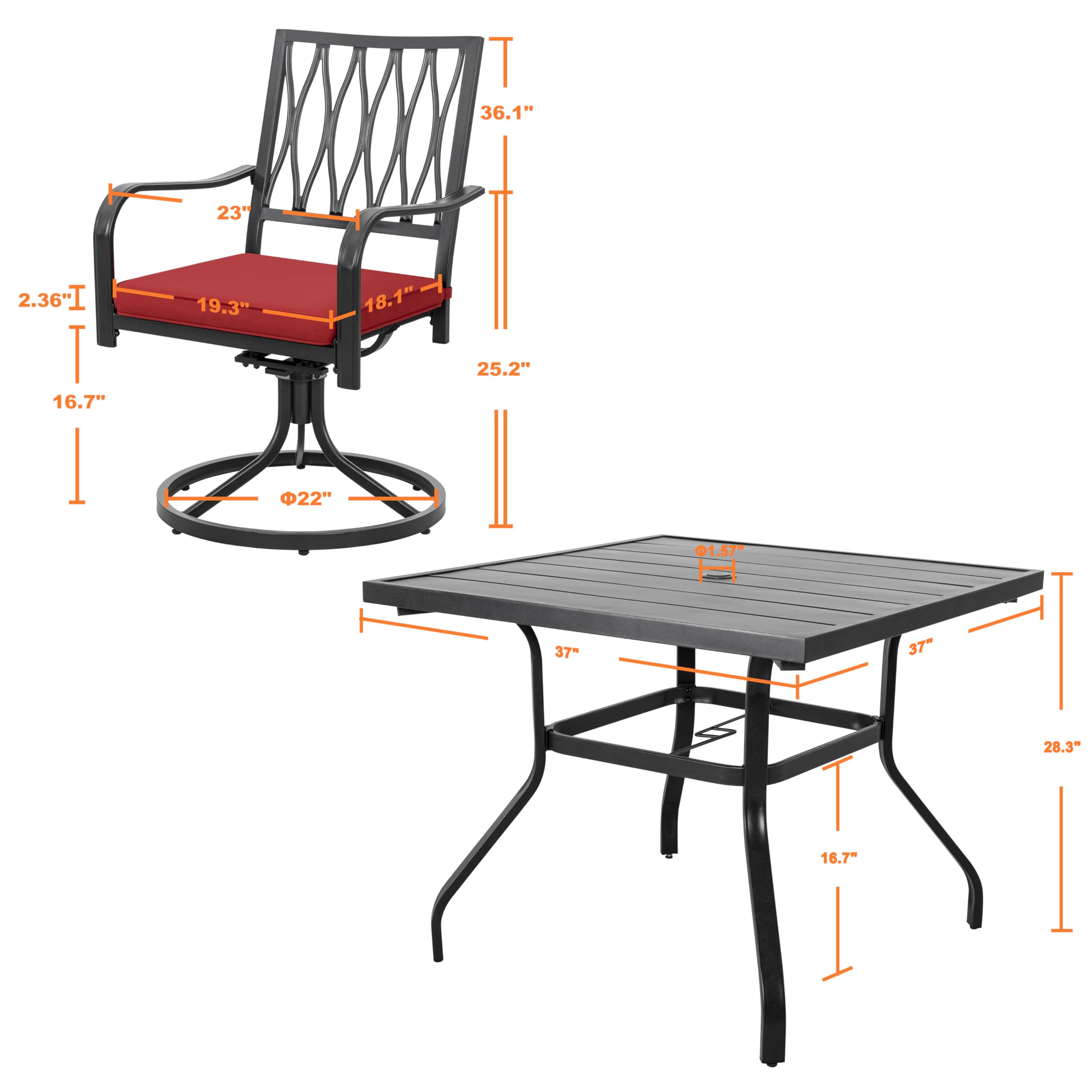 NUU GARDEN 5 Piece Outdoor Dining Set, Outdoor Furniture Set for Square Iron Umbrella Dining Table and 4 Cushioned Swivel Chairs, Black and Red Cushion