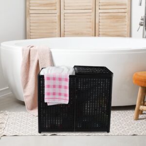 Readsky 2 Sections Plastic Folding Hamper with Lid, Small Plastic Laundry Hamper Separation Basket, Black