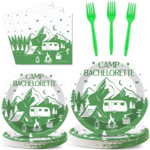 100 pcs camp bachelorette party supplies tableware set mountain camp bachelorette party decorations favors paper plates napkins forks for girls bridal shower wedding engagement serves 25 guests