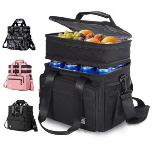 double deck large lunch box for women, expandable black adult lunch box with shoulder strap, leakproof insulated black lunch bag, 24 cans adult lunch bag, womens lunch bags for work travel hiking