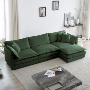 kivenjaja chenille l-shaped modular sectional sofa, modern 3-seater comfy deep seat cloud couch with ottoman/chaise & 5 pillows for living room office apartment, 111.5”w, green