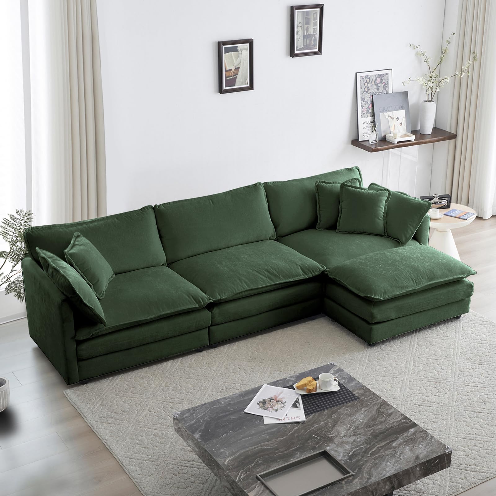 KIVENJAJA Chenille L-Shaped Modular Sectional Sofa, Modern 3-Seater Comfy Deep Seat Cloud Couch with Ottoman/Chaise & 5 Pillows for Living Room Office Apartment, 111.5”W, Green