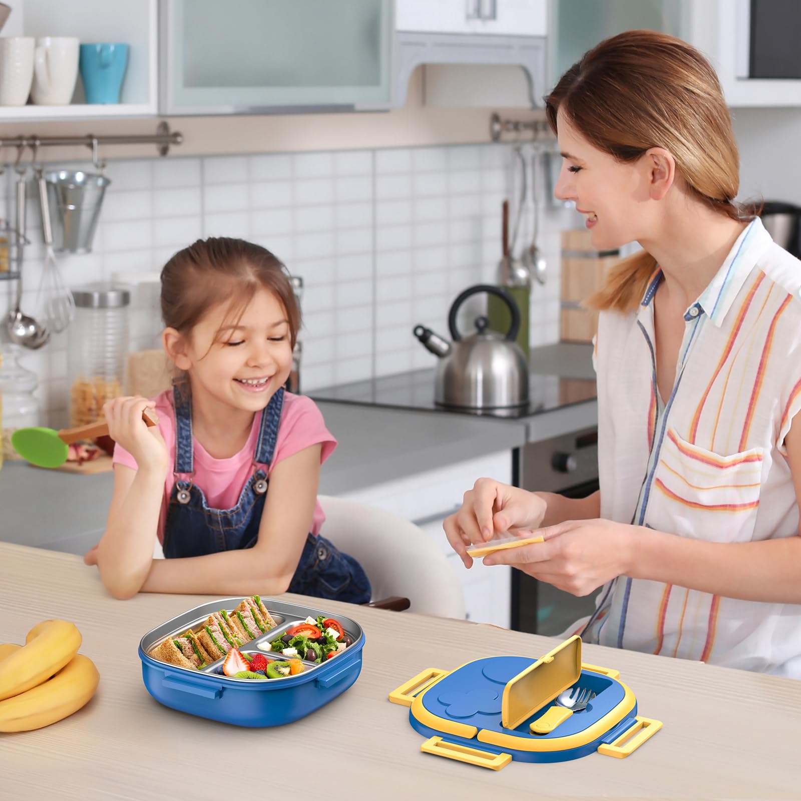 PEDECO Bento Box for Kids Stainless Steel - 3-Compartment - Complete Lunch Set with Portable Utensil - Ideal for Children Under 10 Years Old - Dishwasher Safe & BPA-Free(Blue)