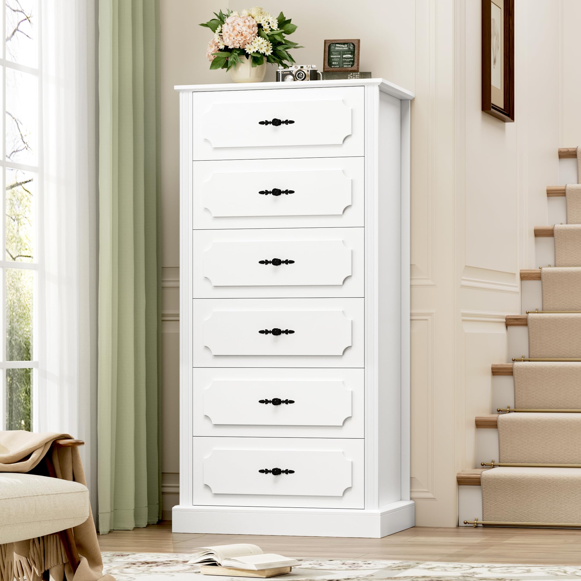 FINETONES 6 Drawer White Dresser, 51" Tall White Dresser Chest of Drawers, Tall Dresser White 6 Drawer Dresser with Large Storage Space, Modern Storage Chest of Drawers, Super Stable Base