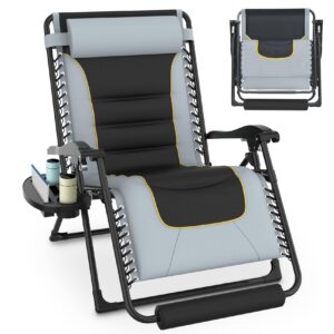 slendor oversized padded zero gravity chair, 29inch xl reclining camping lounge chair with large cup holder & footrest, reclining patio chairs folding recliner for outdoor indoor, gray