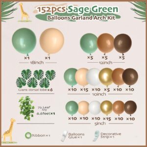 FOTIOMRG 152pcs Sage Green Brown Balloon Garland Kit, Jungle Safari Woodland Balloon Arch Kit with palm leaves artificial Ivy leaves for Two Wild One Birthday Wedding Baby Shower Party Decorations