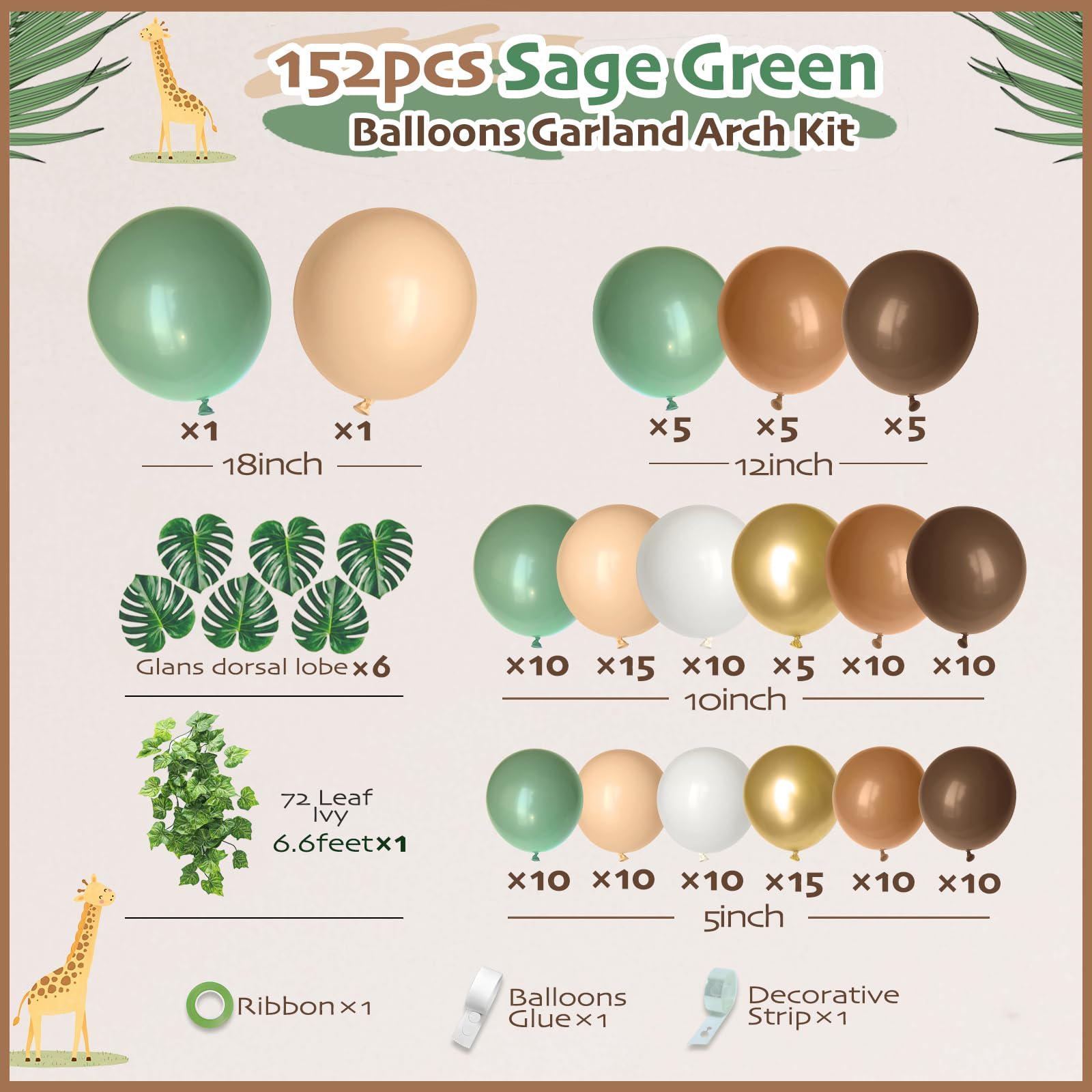 FOTIOMRG 152pcs Sage Green Brown Balloon Garland Kit, Jungle Safari Woodland Balloon Arch Kit with palm leaves artificial Ivy leaves for Two Wild One Birthday Wedding Baby Shower Party Decorations