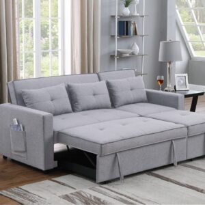 Favfurish 80'' L-Shape Convertible Sleeper Sectional Sofa with Pull-Out Recliner and Bed, Side Pocket, Linen Corner 3 Person Couch for Home Furniture, Living Room, Apartment, Dorm, Light Grey