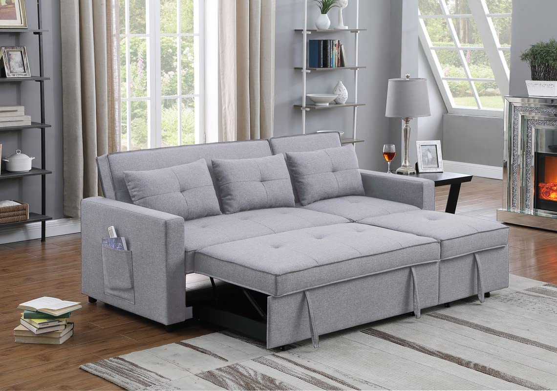 Favfurish 80'' L-Shape Convertible Sleeper Sectional Sofa with Pull-Out Recliner and Bed, Side Pocket, Linen Corner 3 Person Couch for Home Furniture, Living Room, Apartment, Dorm, Light Grey