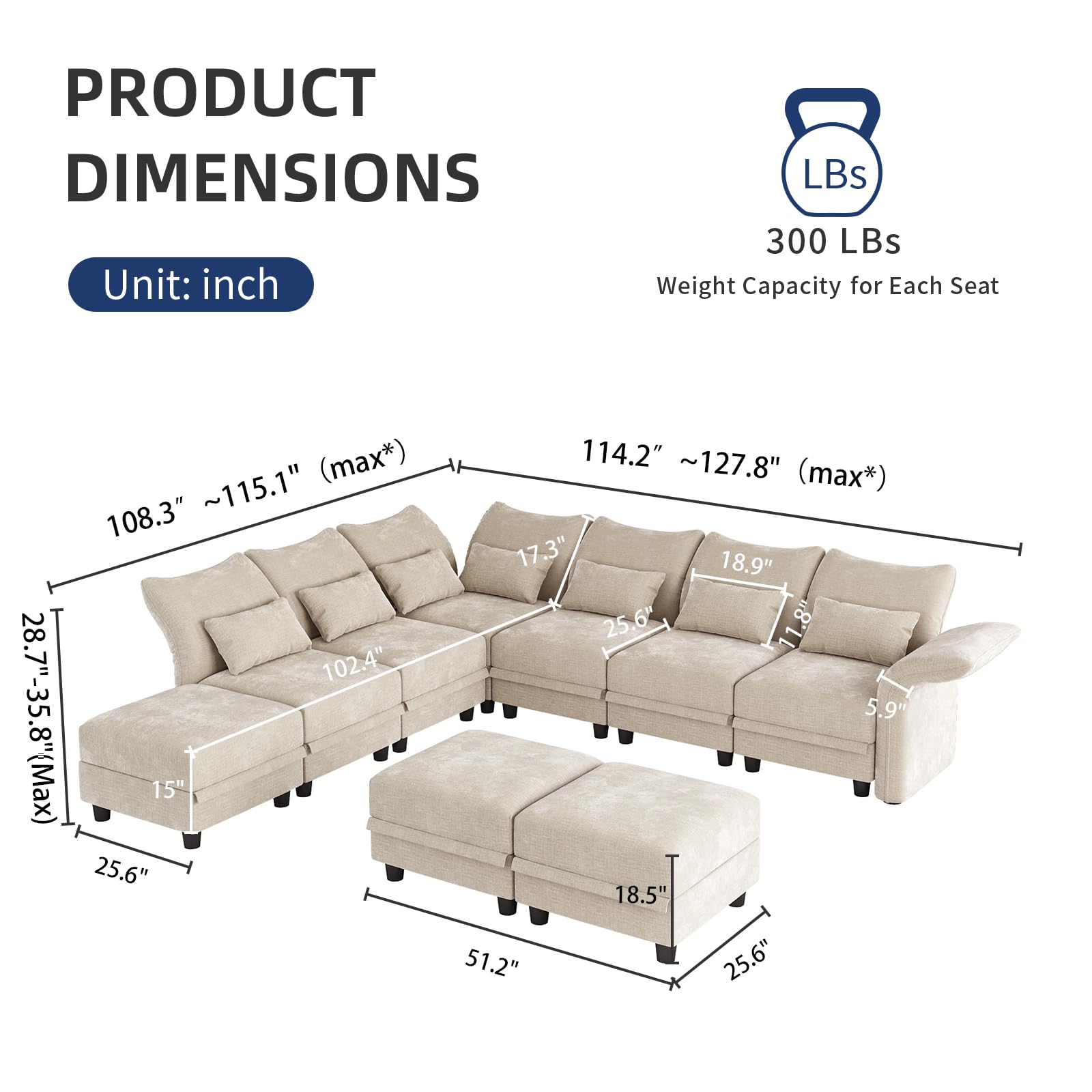 LLappuil L Shaped Modular Sectional Sofa 9 Seater Sectional Couch with Storage Ottoman, Deep Sectional Sofas for Living Room with Adjustable Armrest/Backrest, Chenille, Khaki