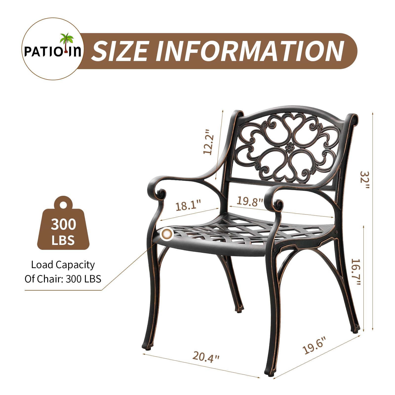 PATIO-IN 5 Piece Patio Dining Set Cast Aluminum Outdoor Table and Chairs Set for 4, with 1 Round Patio Table, 4 Patio Chairs, Outdoor Dining Set with Umbrella Hole for Patio Garden, Bronze